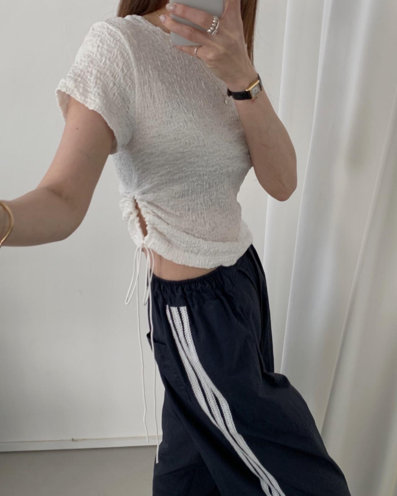 히스 FL 플라워 씨드 반팔 티셔츠 셔링 크롭티 (2C)