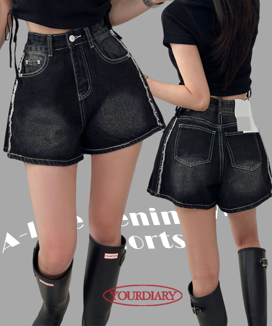 유어다이어리 Aaa라인핏탄탄함 하비 A라인 데님 와이드 청 여리핏 군살커버 허리쏙 와이드 사이드 핀턱 테슬 수술 배색 빅사이즈 워싱 반바지 버뮤다 워터밤 숏팬츠 Y2k