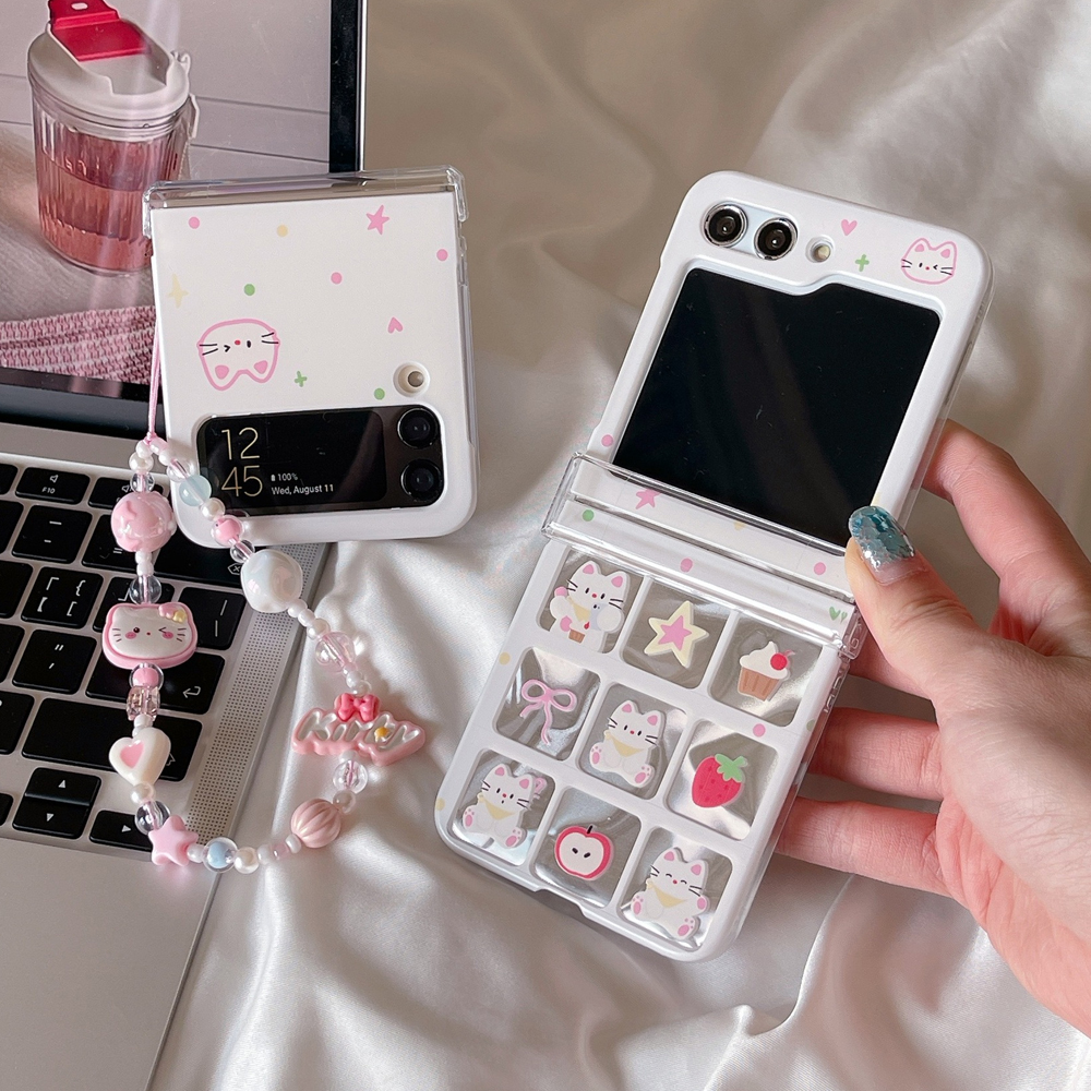 모이몰 갤럭시 Z플립6 Z플립5 Z플립4 Z플립3 힌지 풀커버 비즈 스트랩 귀여운 고양이 캐릭터 슬림 하드 제트플립6 제트플립5 제트플립4 케이스