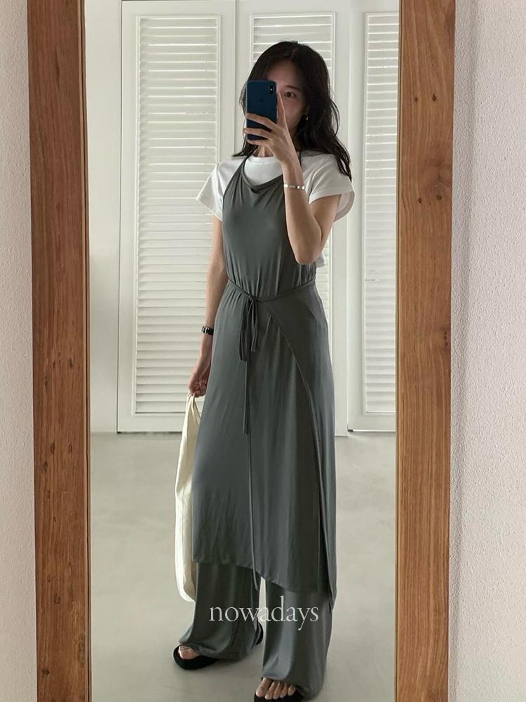 나우어데이즈 BR 홀터 원피스 썸머 랩 슬리브리스 스트랩 나시 롱 ops (3col)