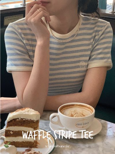 어베인 💕urbane Made💕스트라이프 반팔 와플 티셔츠 여름 여성 반팔티 4c 데일리룩출근룩