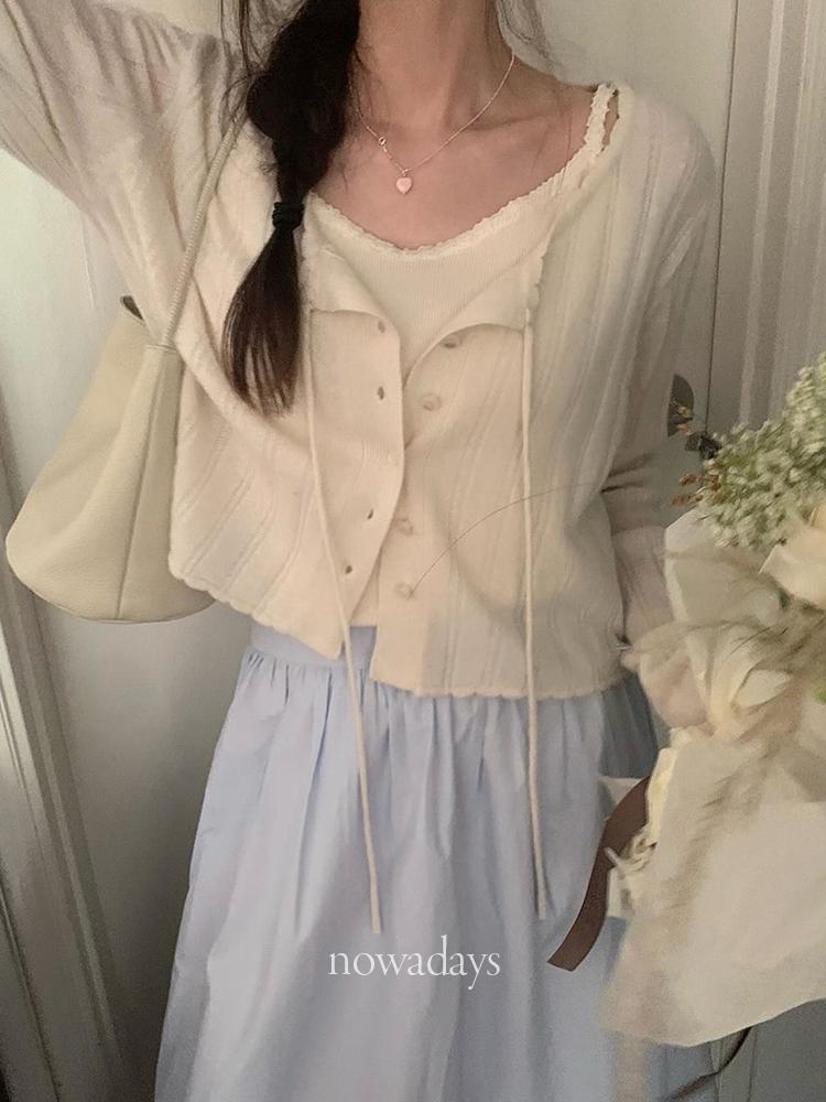 나우어데이즈 pyt 프리티영띵 라라 프릴 가디건 스트링 브이넥 크롭 니트 cd (3col)