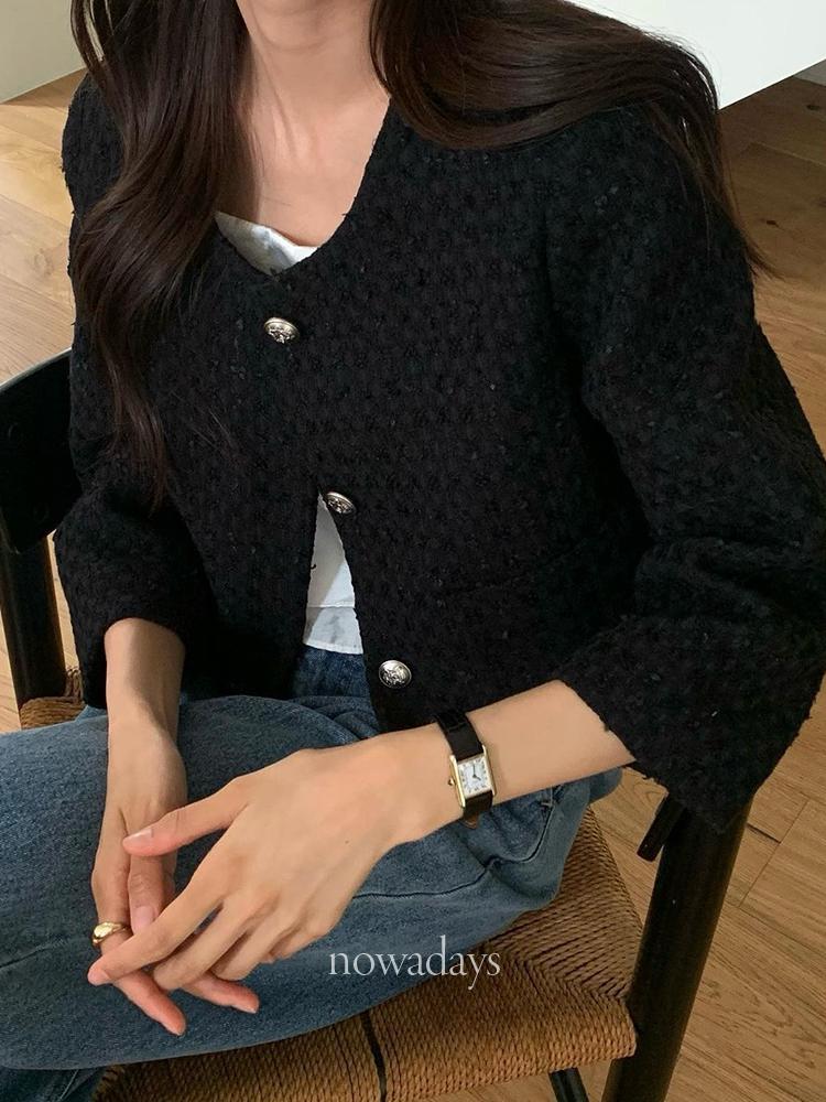 나우어데이즈 riette 리에뜨 모모 트위드 자켓 긴팔 라운드 노카라 싱글 숏 jk (2col)