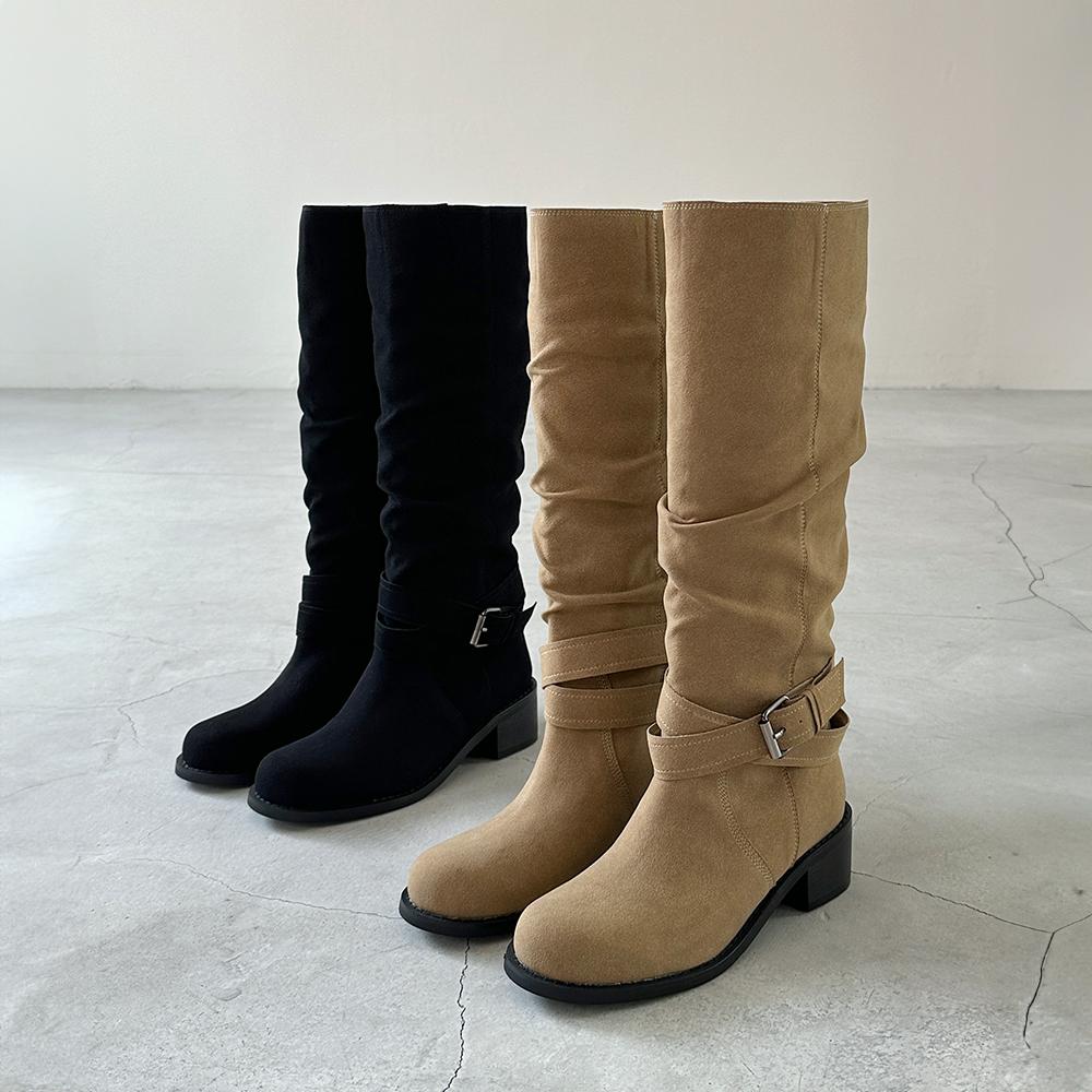 위드솔티 [2col/225~250size]스웨이드롱부츠 통넓은 버클 탈부착가능 셔링 롱부츠