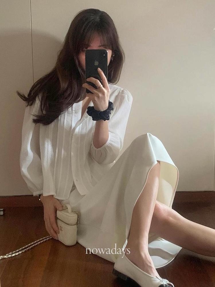 나우어데이즈 liter 리터 로지 블라우스 코튼 긴팔 레이스 프릴 셔링 bl (2col)