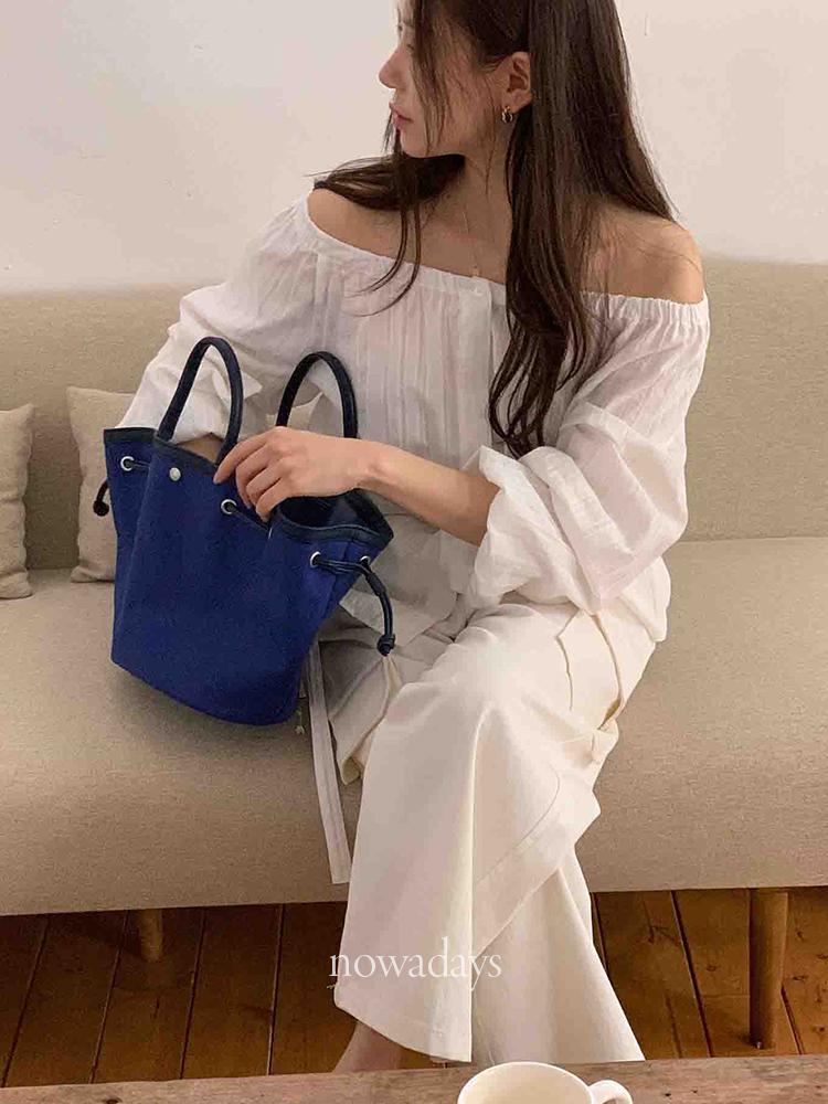 나우어데이즈 miel 미엘 메모리 블라우스 코튼 긴팔 오프숄더 셔링 스트랩 bl (3col)