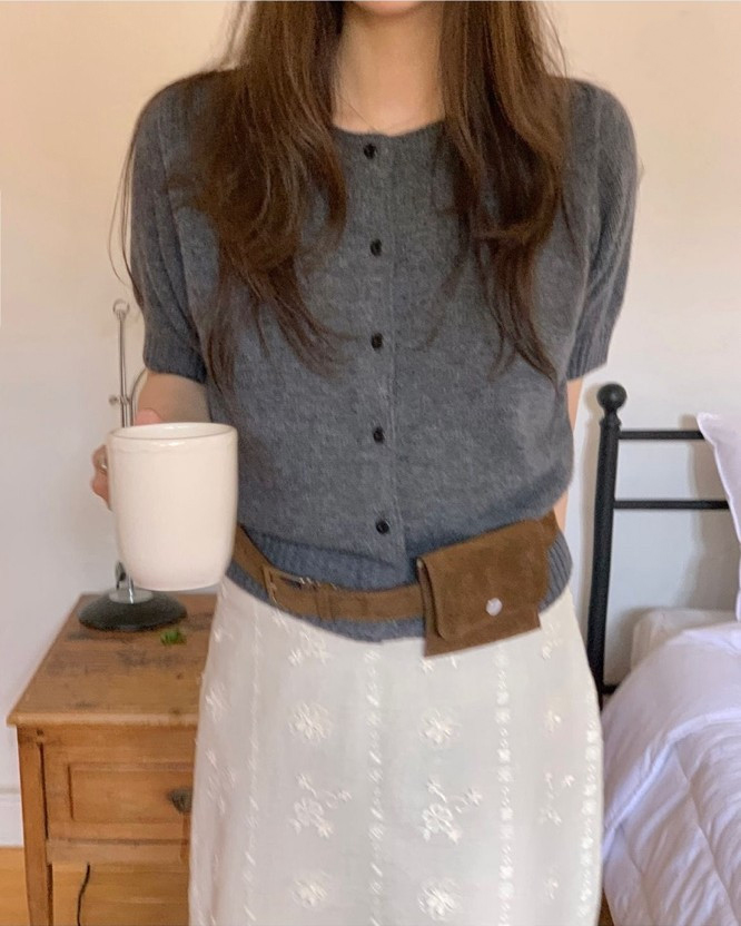 디무어 미엘 하운드 가디건 miel (3col) 반팔 울 캐시미어 크롭 니트