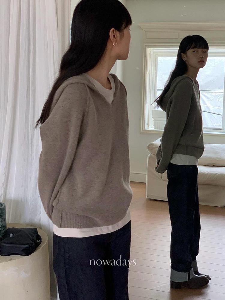 나우어데이즈 jinsim 진심 제이드 후드 니트 캐시미어 울 긴팔 브이넥 nt (3col)