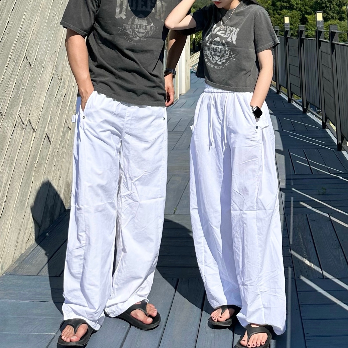 비바블 6컬러 바스락 벌룬 팬츠 사이드 스냅 나일론 와이드 팬츠 남녀공용 스트릿 커플 바지 아메카지 여름 긴바지 오버핏 커플룩 비죠 사이드버튼 핀턱 밴딩 스트링 조거