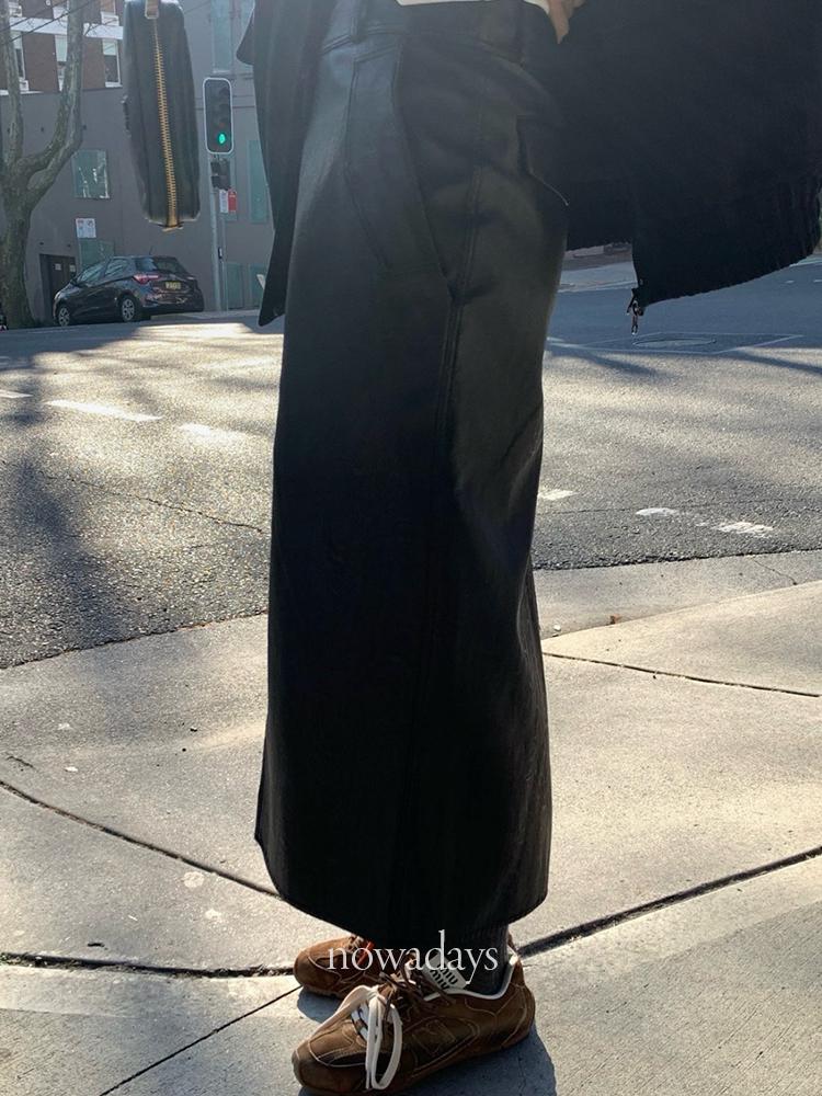 나우어데이즈 underson 언더슨 위드 레자 스커트 H라인 트임 가죽 롱 치마 (2col)