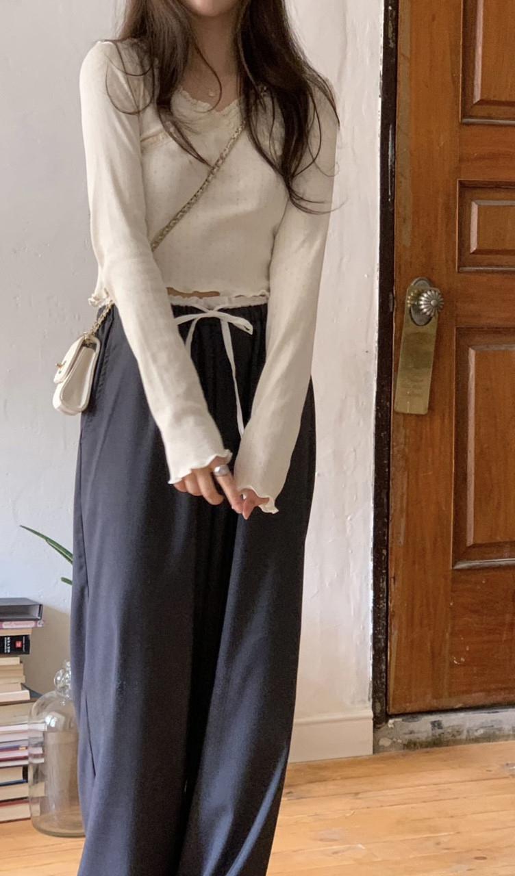 나우어데이즈 miel 미엘 더파니 티셔츠 코튼 긴팔 브이넥 프릴 레이스 날라리 t (4col)