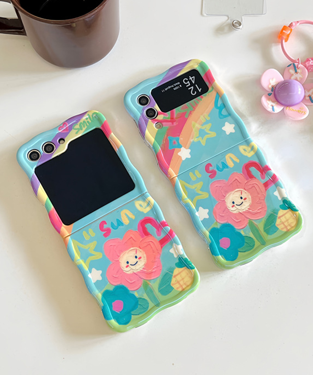 핑크리어카 귀여운 삼성 갤럭시 지플립 Z플립 3 4 5 6 무지개 썬 플라워 스트랩 젤리 Z플립4 지플립6케이스 지플립5케이스 유니크 키치 심플 스트랩케이스 핸드폰 폰