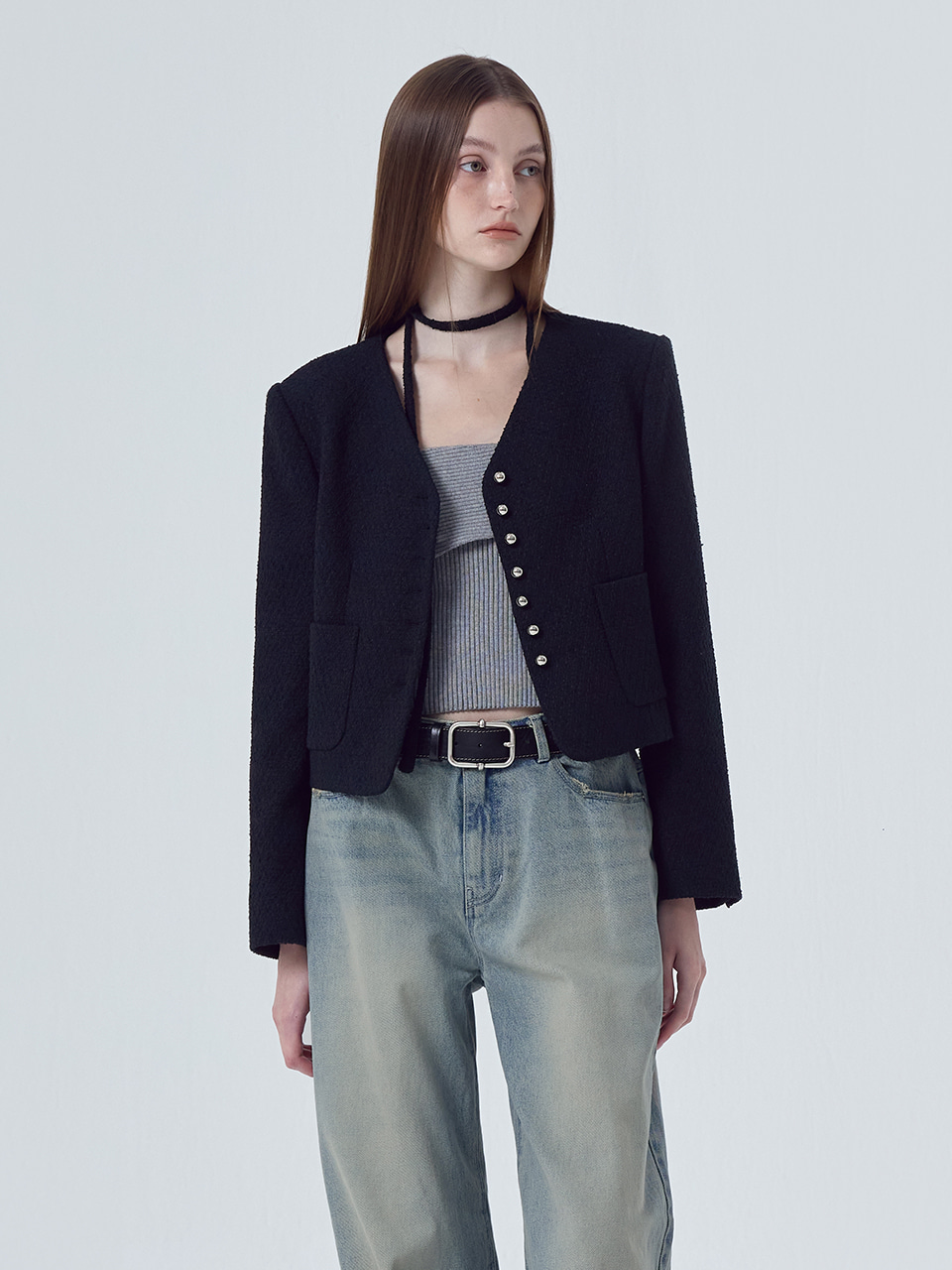 에트몽 V-Neck Strap Tweed Jacket, Black