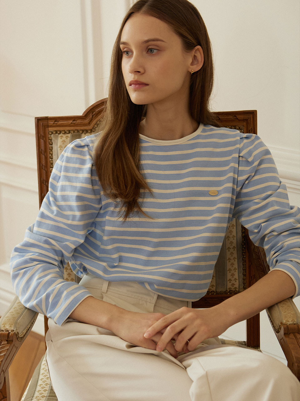 논로컬 Stripe Puff Long Sleeve - Sky Blue