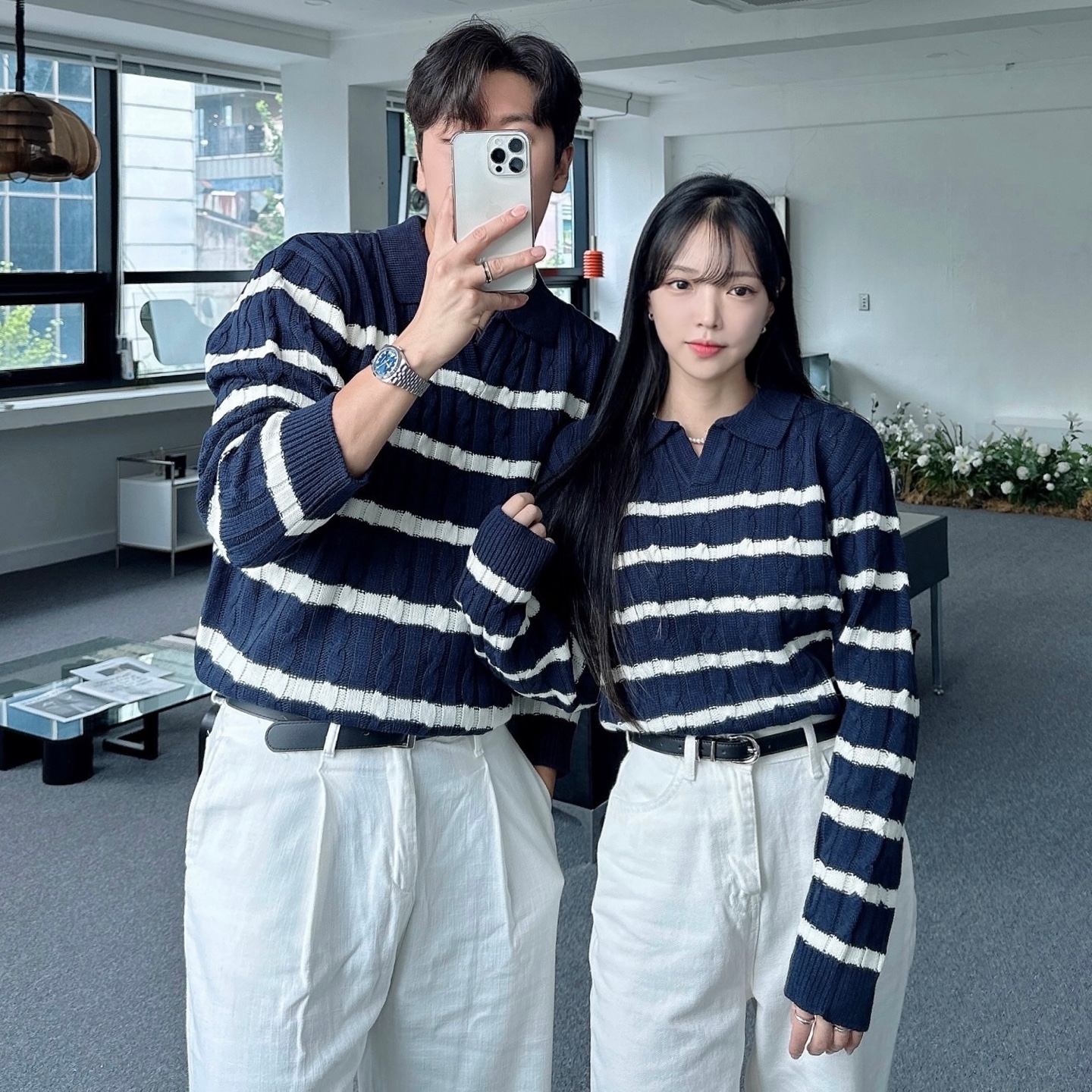 비바블 2사이즈고퀄 커플 니트 오픈 카라 꽈배기 단가라 스트라이프 크롭 니트 겨울 봄 가을 커플룩 오버핏 긴팔 루즈핏 남녀공용 남자 니트 꾸안꾸 커플티 시밀러룩 빅사이즈