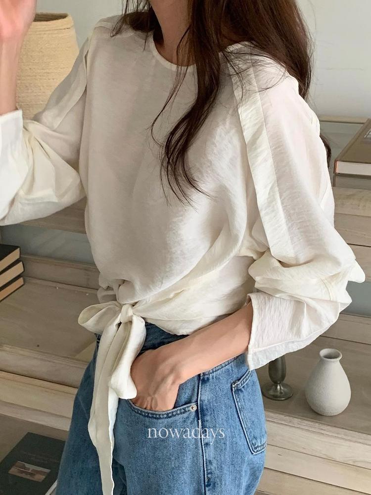 나우어데이즈 riette 리에뜨 테일 블라우스 긴팔 라운드 스트링 리본 bl (2col)