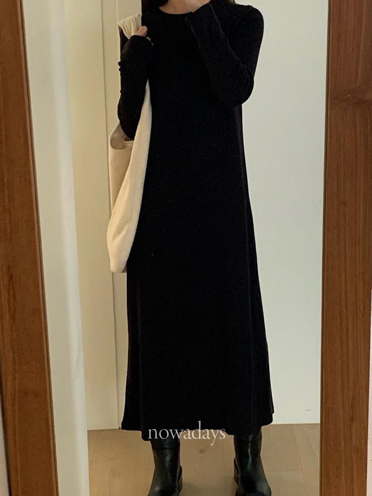 나우어데이즈 차콜,검 당일 / BR 에크 원피스 앙고라 코튼 긴팔 라운드 A라인 플레어 롱 ops (2col)