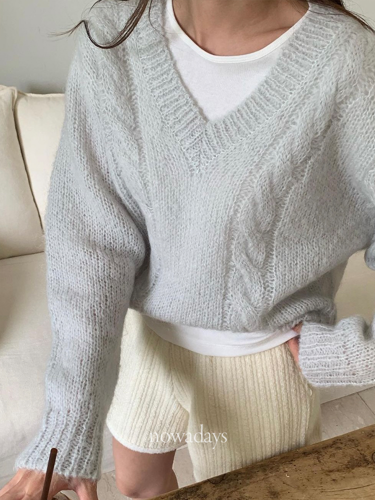 나우어데이즈 riette 리에뜨 베어리 니트 모헤어 울 케이블 긴팔 브이넥 꽈배기 nt (2col)