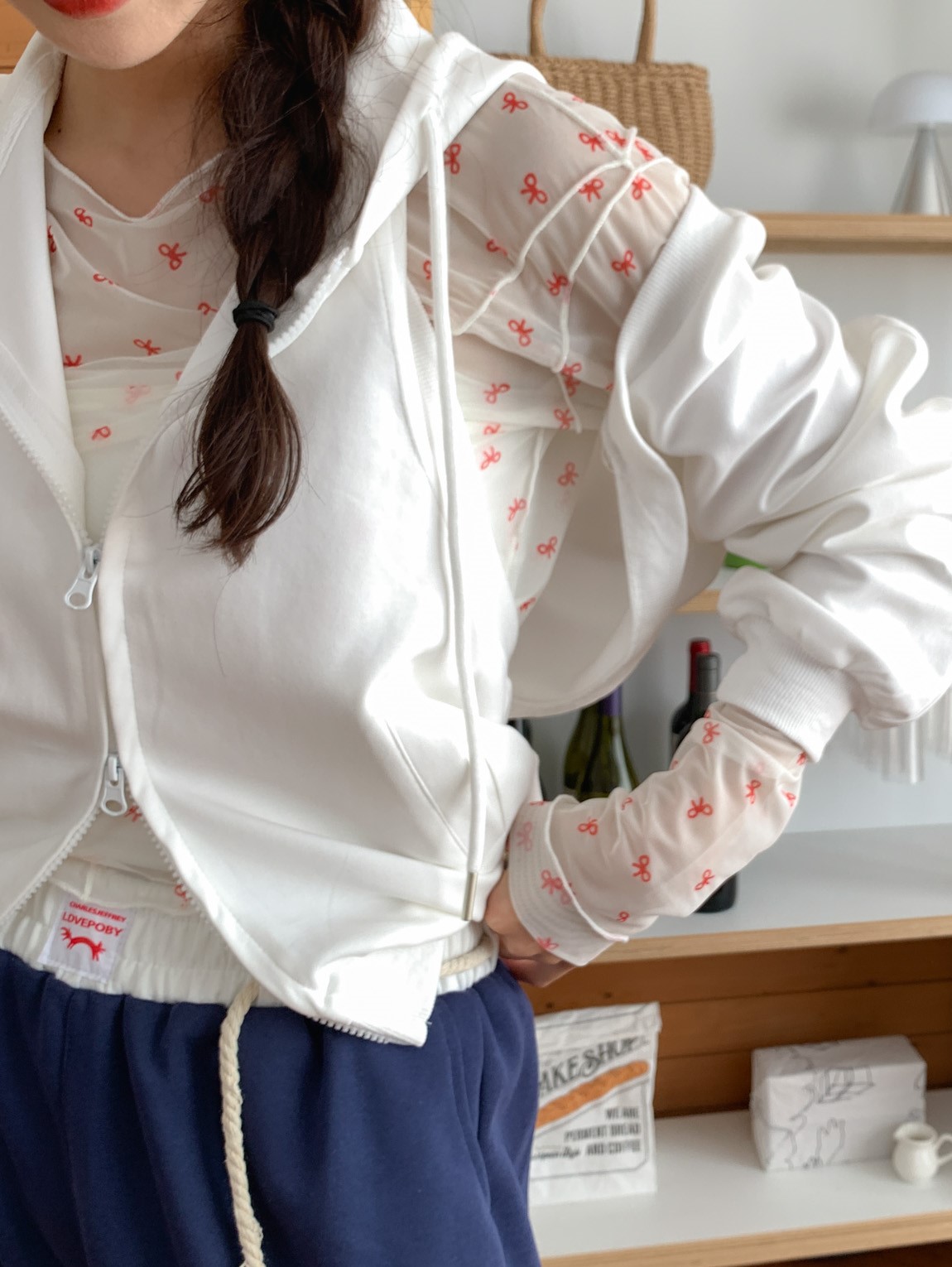 하프닌 레이어드템 후크 리본 패턴 배색 시스루 여리 얇은 레이어드룩 레이어드티셔츠 이너티셔츠 발레코어 Y2k 스트릿 유니크 가을 가을신상 가을옷 긴팔 티셔츠