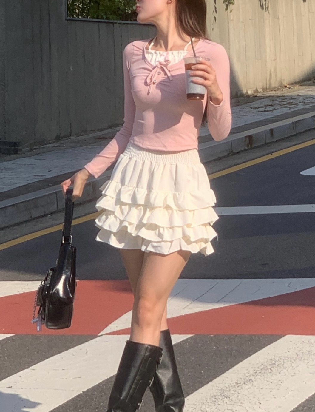 하프닌 투피스set 오프숄더 홀터넥 골지 발레코어 캉캉스커트 셋업 리지 3피스