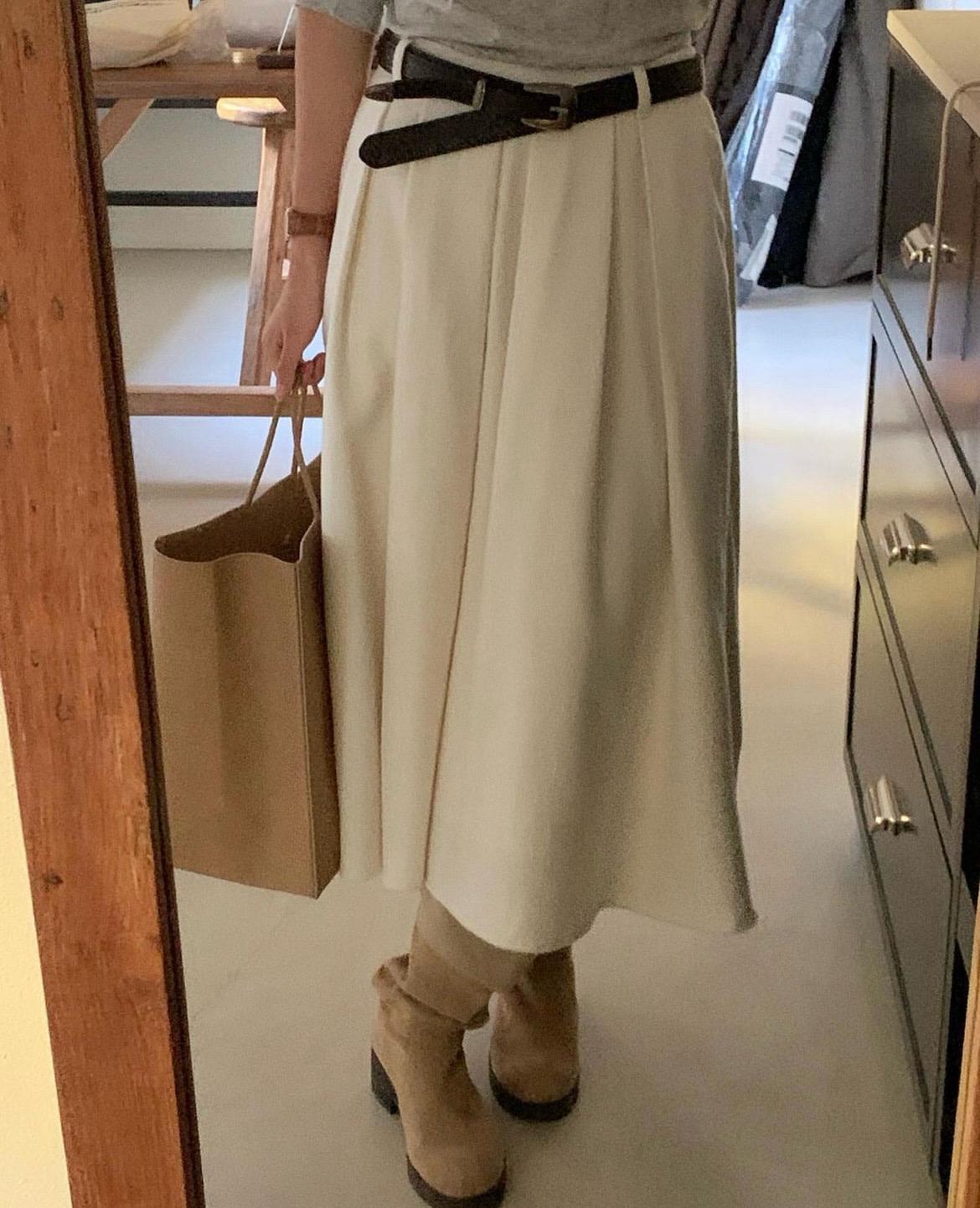 나우어데이즈 objet 오브제 퓨어 울 스커트 핀턱 A라인 플레어 롱 치마 (2col)