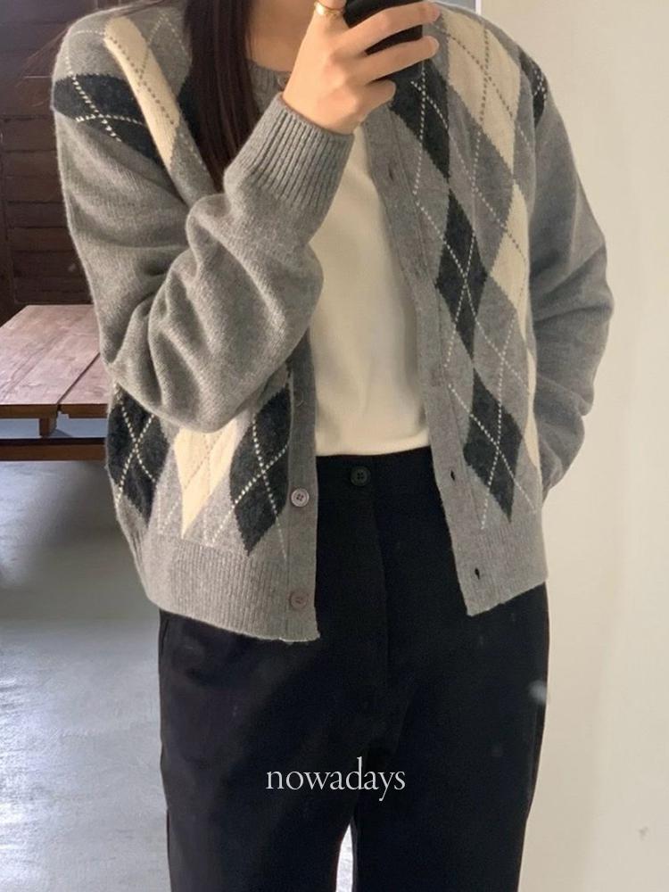 나우어데이즈 monique 모니크 아가일 가디건 캐시미어 라운드 니트 cd (2col)