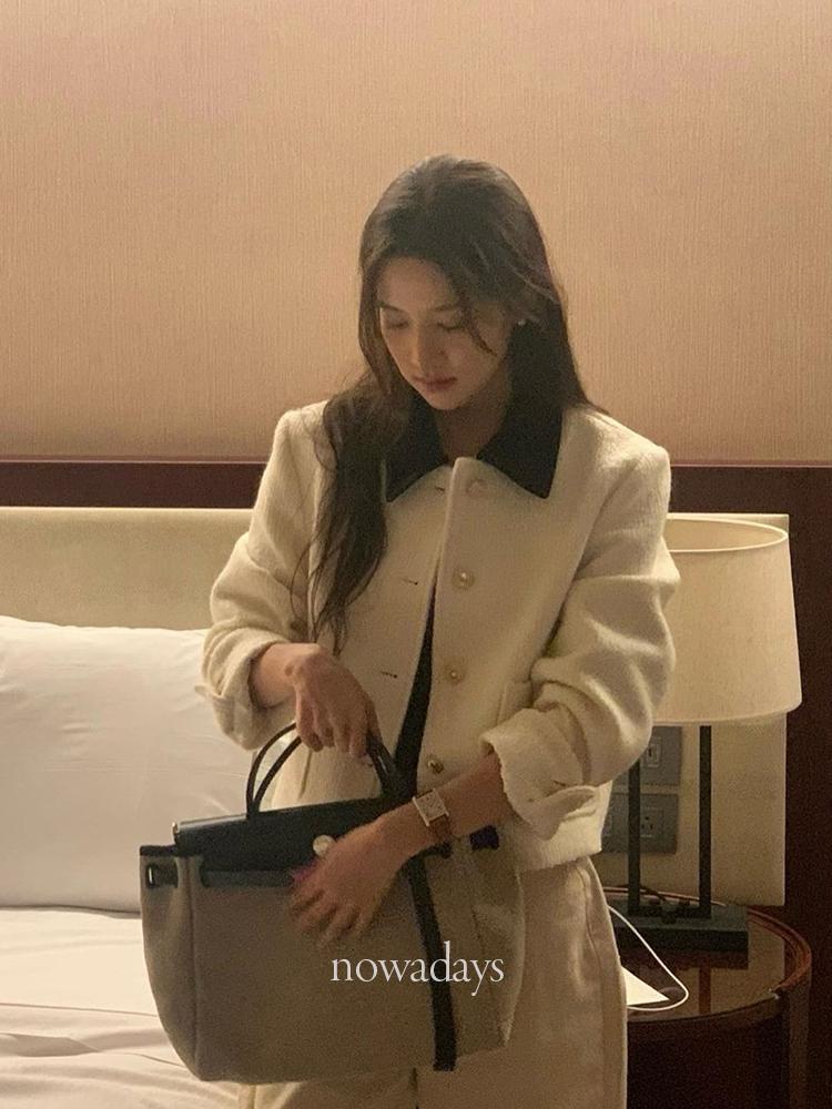 나우어데이즈 objet 오브제 베카 배색 자켓 긴팔 카라 포켓 골드버튼 싱글 숏 jk (2col)