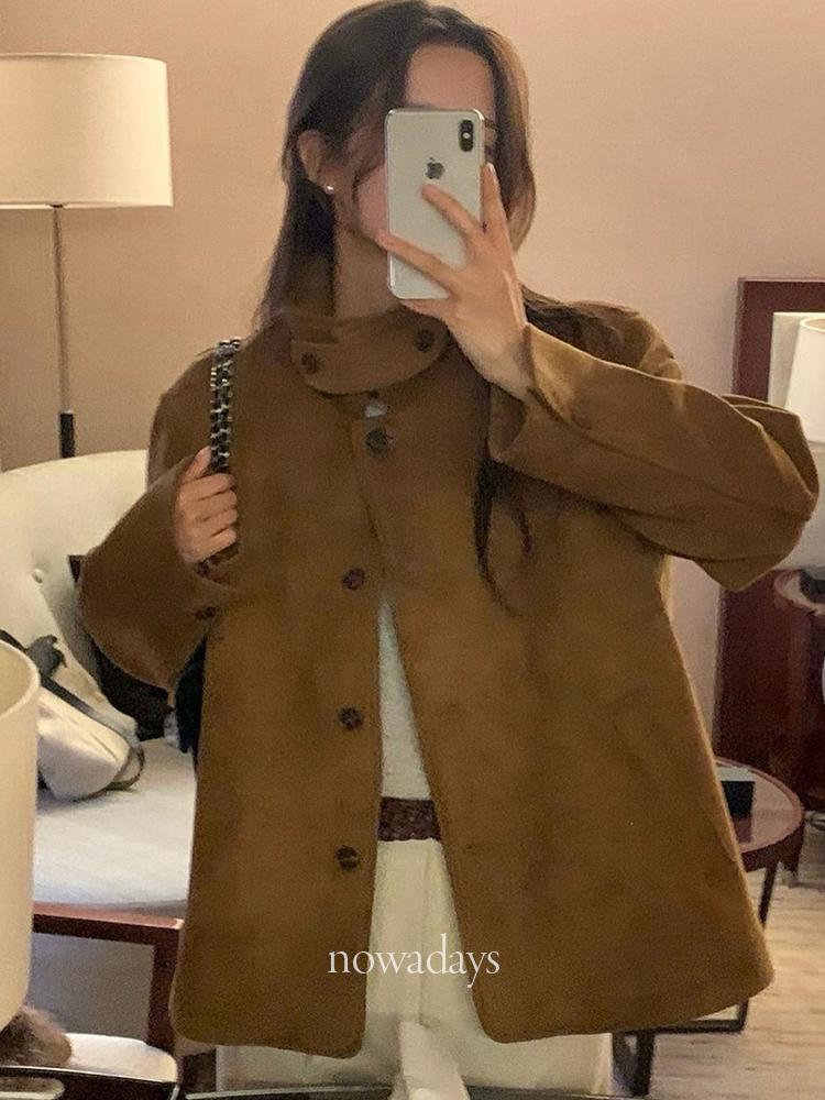 나우어데이즈 objet 오브제 에반 스웨이드 코트 긴팔 카라 하이넥 레더 하프 ct (2col)