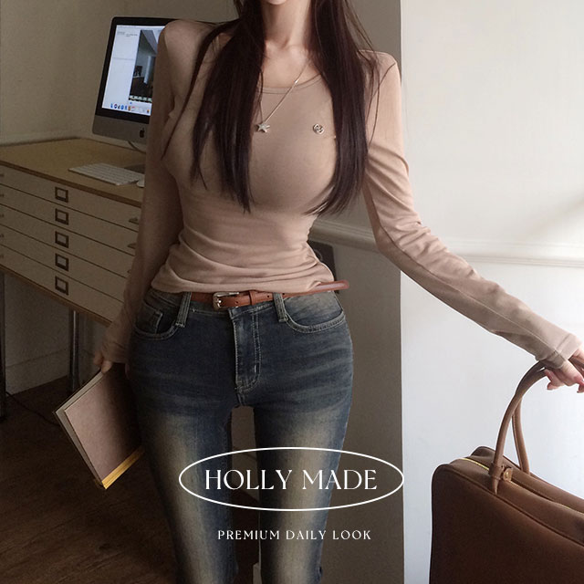 홀리 (2size) made 레터 슬림 라운드 긴팔티