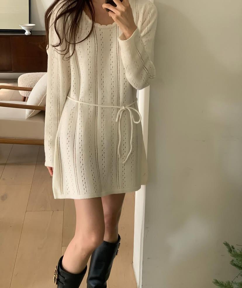 비엔프리 riette 리에뜨 세몬 니트 원피스 캐시미어 유넥 펀칭 벨트 미니 ops