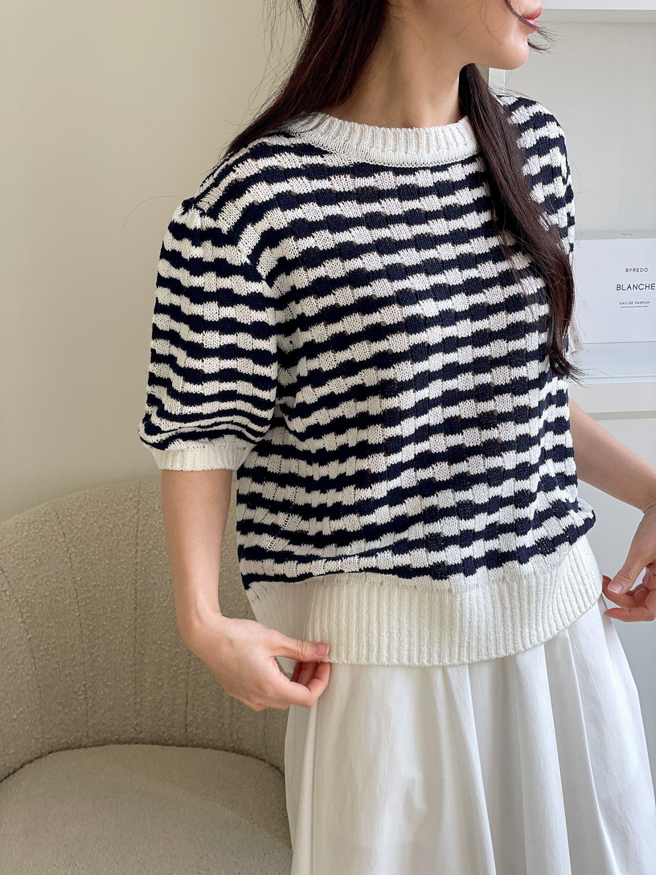 플로라엘 25SS 멜로우 셔링 단가라 반팔 니트 5col