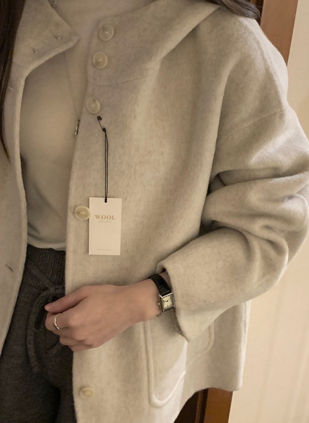 벨라드제이 메리노울100 후드 버튼 핸드메이드 하프코트 반코트 울코트 아이 블랙