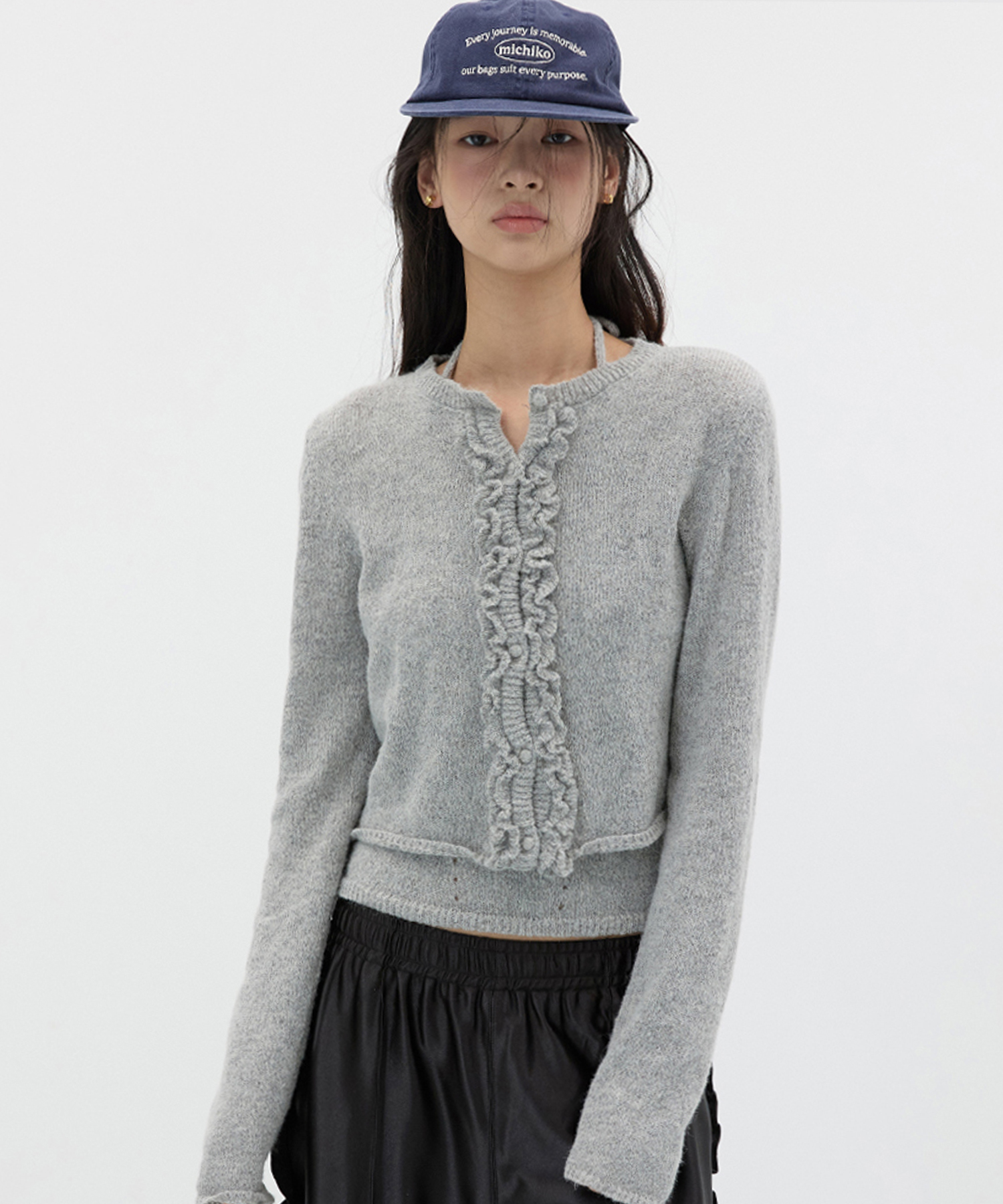 미치코런던 RUFFLE WOOL KNIT CARDIGAN SET MELANGE GREY