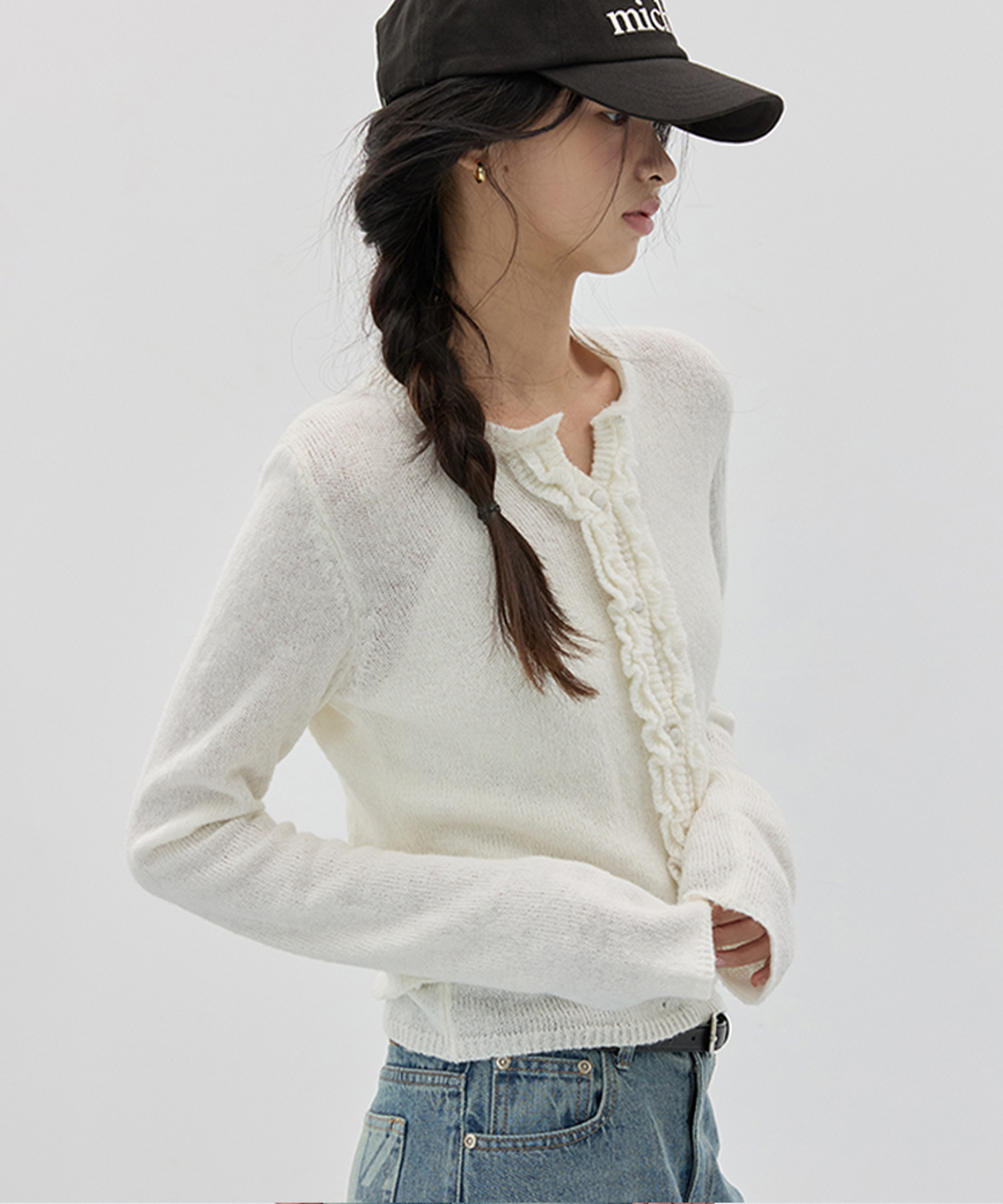 미치코런던 RUFFLE WOOL KNIT CARDIGAN SET IVORY