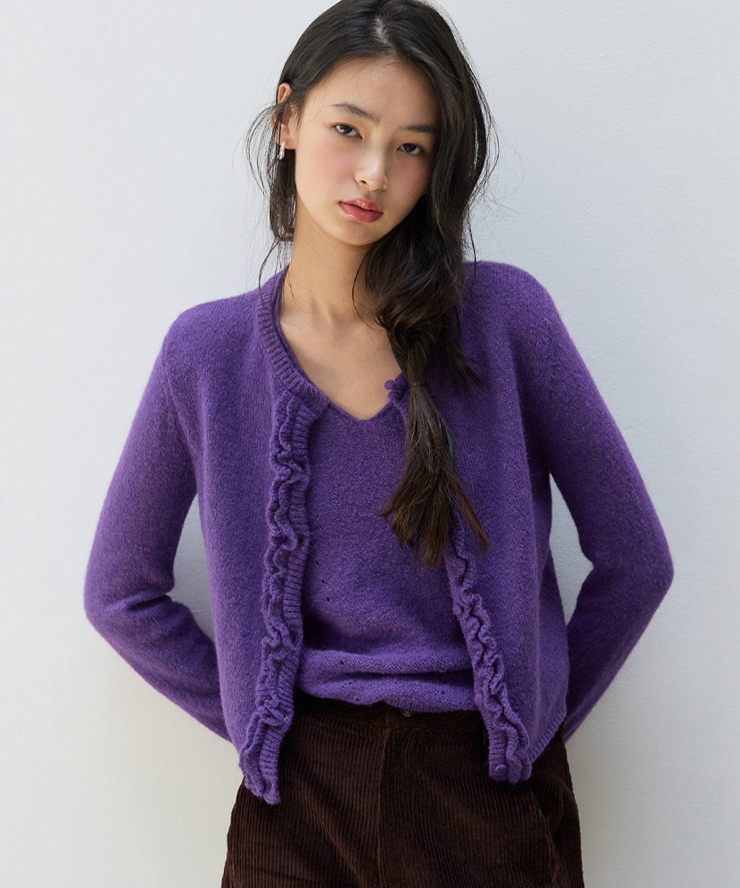 미치코런던 RUFFLE WOOL KNIT CARDIGAN SET VIOLET
