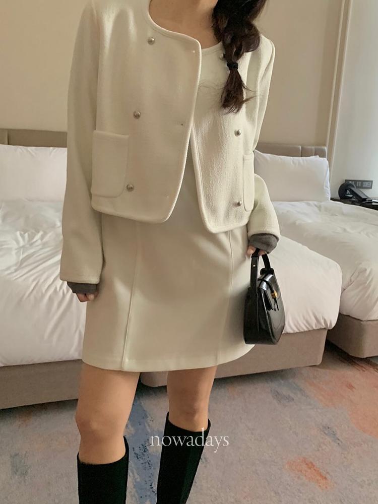 나우어데이즈 프리러브 베르 더블 트위드 자켓 노카라 라운드 더블 싱글 숏 jk (3col)