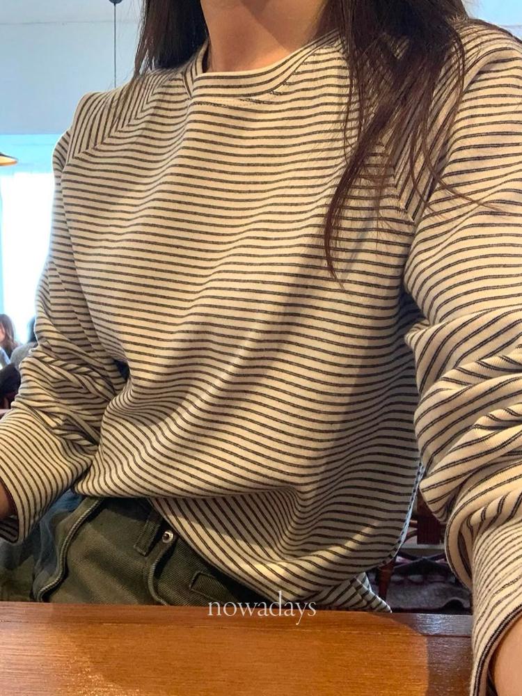 나우어데이즈 BR 소피 티셔츠 스트라이프 코튼 긴팔 라운드 단가라 래글런 t (3col)