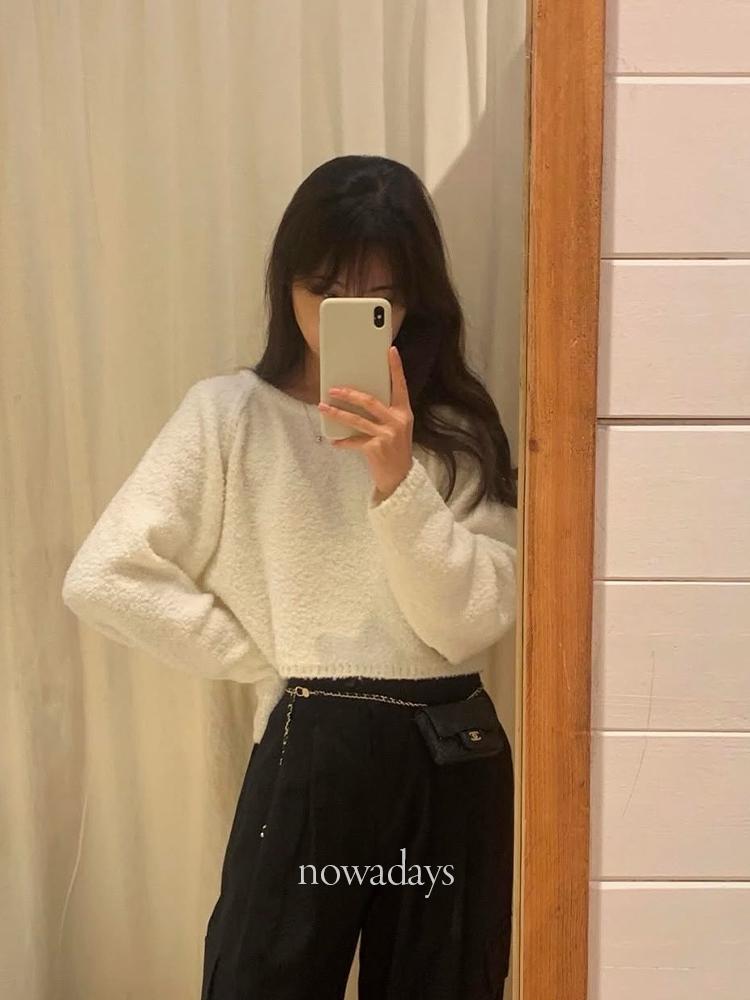 나우어데이즈 liter 리터 베일리 알파카 크롭 니트 울 부클 보트넥 긴팔 nt (2col)