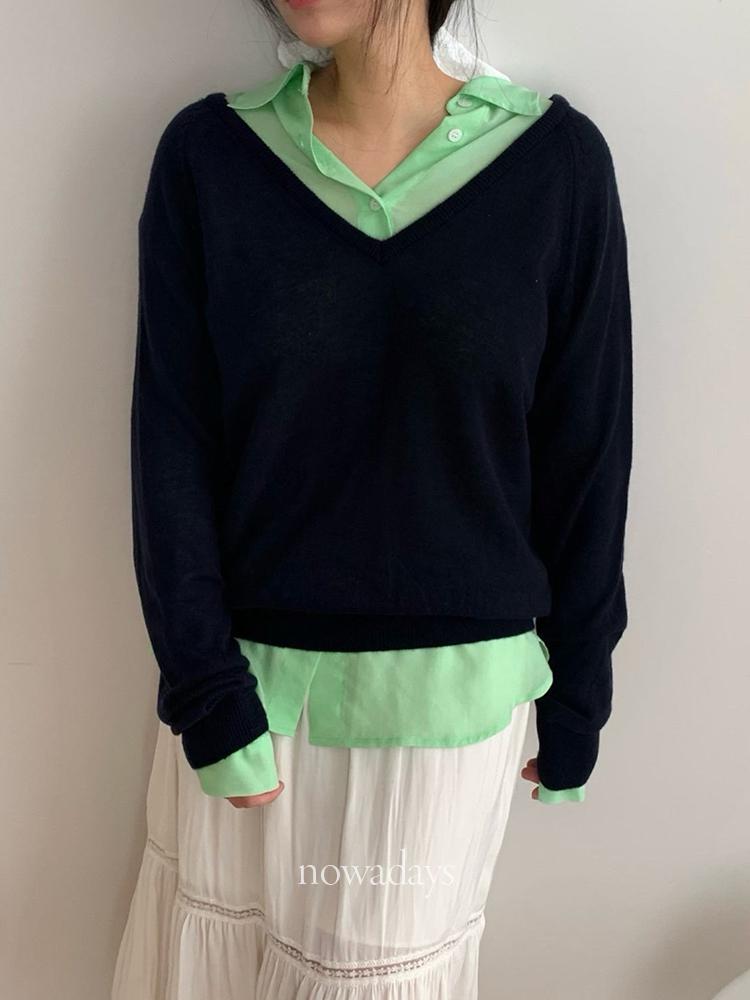 나우어데이즈 아미먼트 양 브이 니트 긴팔 브이넥 레이어드 시스루 nt (4col)