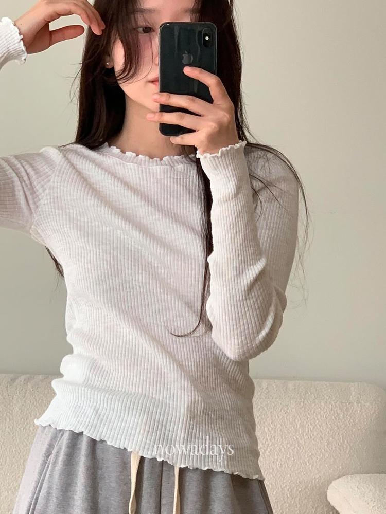 나우어데이즈 jinsim 진심 스웨이 티셔츠 코튼 모달 긴팔 라운드 골지 프릴 날라리 t (5col)