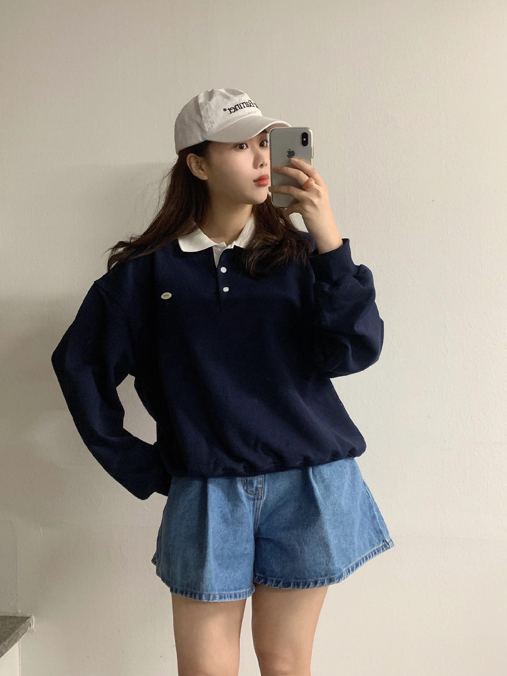 엠버쥬쥬 코코 패치 카라 맨투맨 3col 파스텔 봄 25ss 여리핏 루즈오버 박시 럭비 티셔츠 긴팔