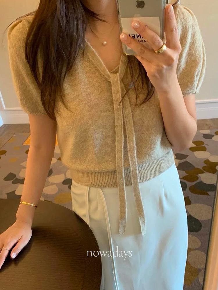 나우어데이즈 프리러브 베이비 타이 니트 알파카 울 반팔 브이넥 nt (3col)