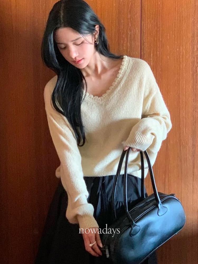 나우어데이즈 objet 오브제 오르세 키드모헤어 니트 긴팔 브이넥 레이스 nt (4col)