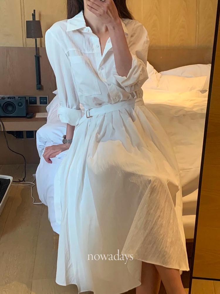 나우어데이즈 objet 오브제 샤르네 벨트 원피스 플리츠 A라인 주름 셔츠 롱 ops (2col)