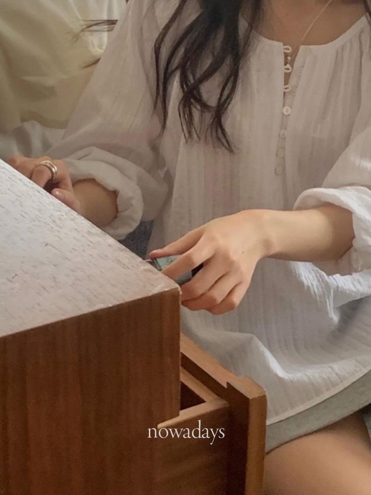 나우어데이즈 miel 미엘 멜로 블라우스 코튼 긴팔 셔링 스트라이프 루즈핏 bl (3col)