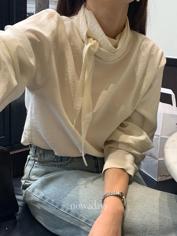 나우어데이즈 버베인 엘리제 타이 블라우스 긴팔 터틀넥 페미닌 bl (2col)