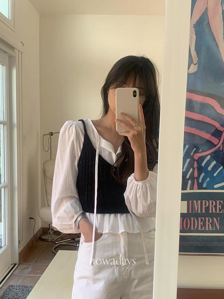 나우어데이즈 검 당일 / liter 리터 메리 리본 블라우스 코튼 핀턱 퍼프 레이스 bl (2col)