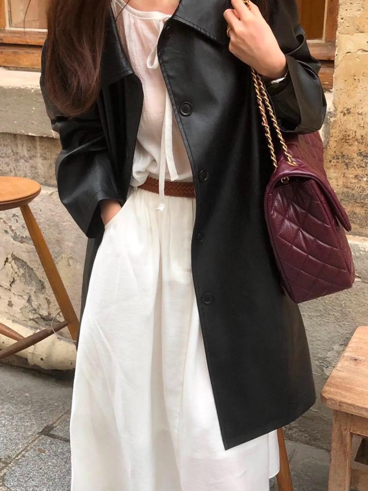 나우어데이즈 objet 오브제 로지 레더 바바리 스트랩 카라 페이크 가죽 싱글 하프 코트 (2col)