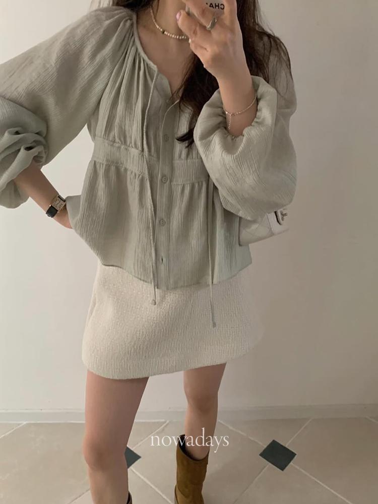 나우어데이즈 pyt 프리티영띵 쥬쥬 블라우스 긴팔 라운드 스트링 셔링 bl (2col)