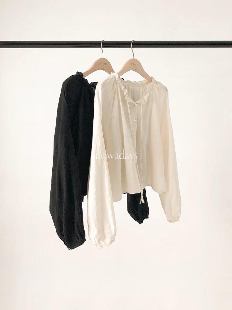 나우어데이즈 OUNCE 온스 모네 레인 블라우스 코튼 긴팔 프릴 스트링 크롭 bl (2col)